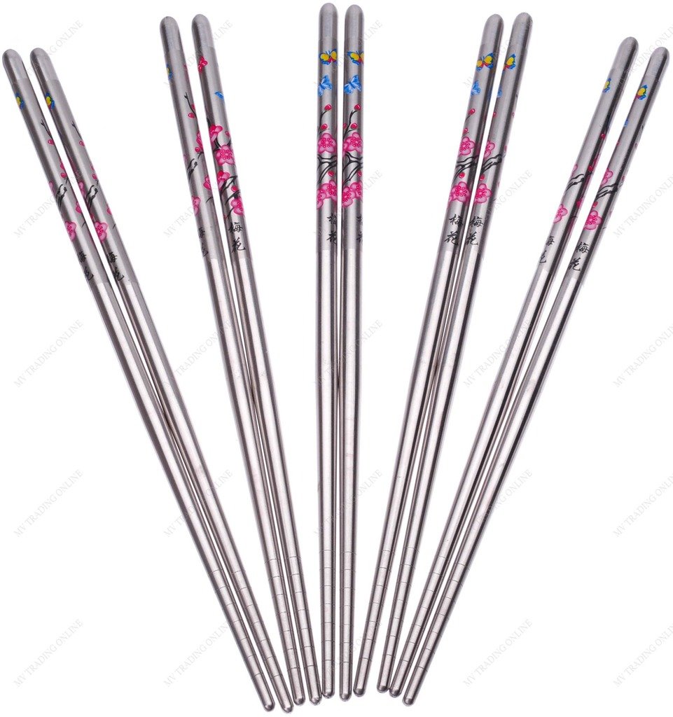 Stainless Steel Chopstick with butterflies and flowers Design, 5 Pairs