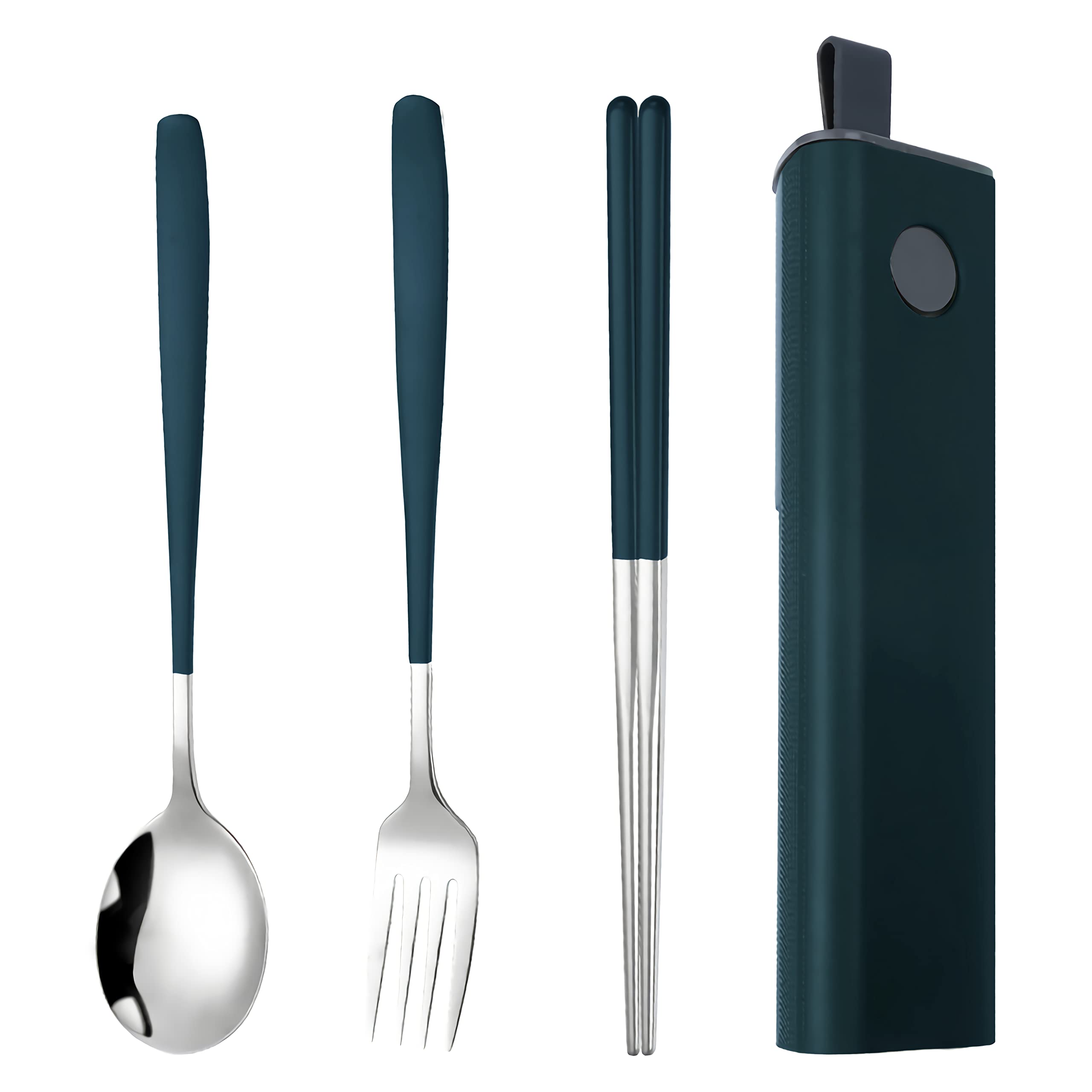 Muka Set of 3 Portable Flatware Set w/Fork Sproon Chopsticks Utensils Stainless Steel w/Cellphone Holder-Dark Green