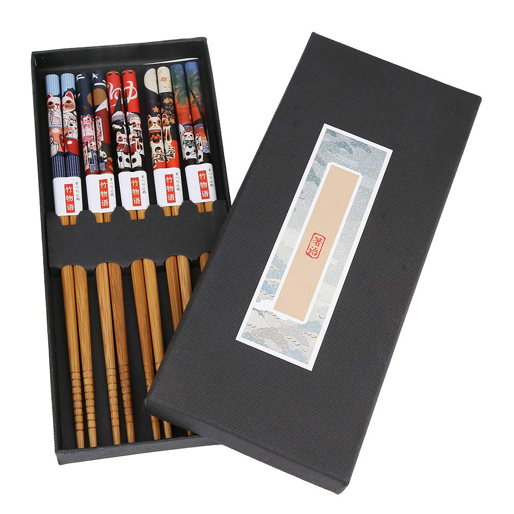 Reusable Chinese Wooden Chopsticks Cat Fish Pattern Washable Durable Household Hotel Wedding Gift 5Pair with Gift Box (Cat)