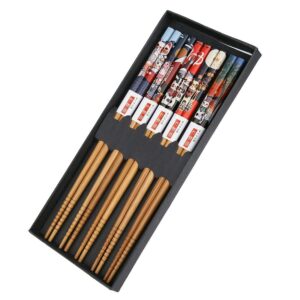 Reusable Chinese Wooden Chopsticks Cat Fish Pattern Washable Durable Household Hotel Wedding Gift 5Pair with Gift Box (Cat)