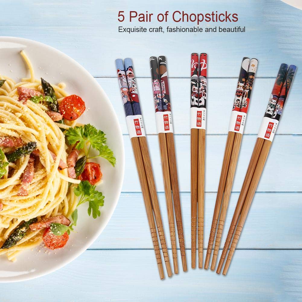 Reusable Chinese Wooden Chopsticks Cat Fish Pattern Washable Durable Household Hotel Wedding Gift 5Pair with Gift Box (Cat)