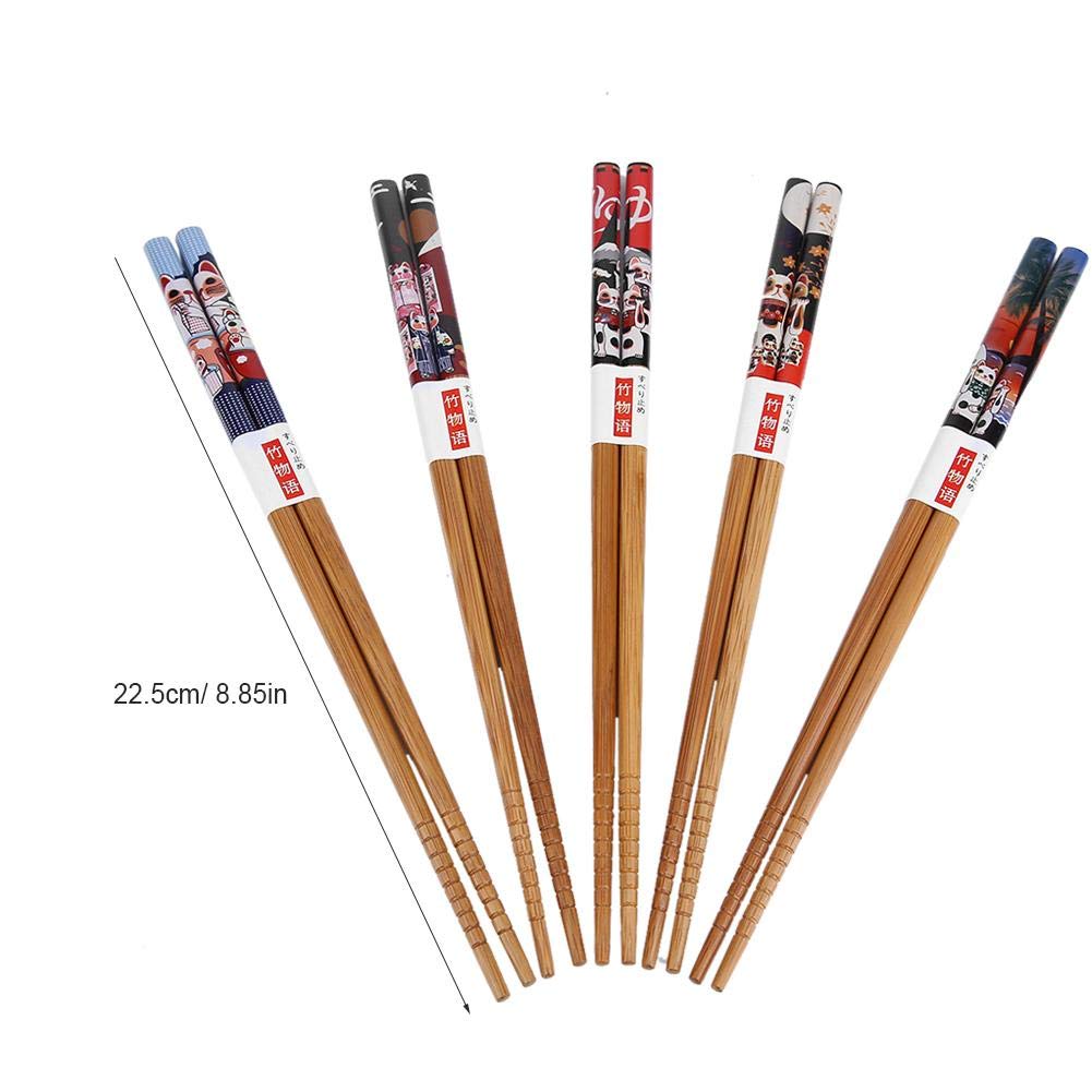 Reusable Chinese Wooden Chopsticks Cat Fish Pattern Washable Durable Household Hotel Wedding Gift 5Pair with Gift Box (Cat)