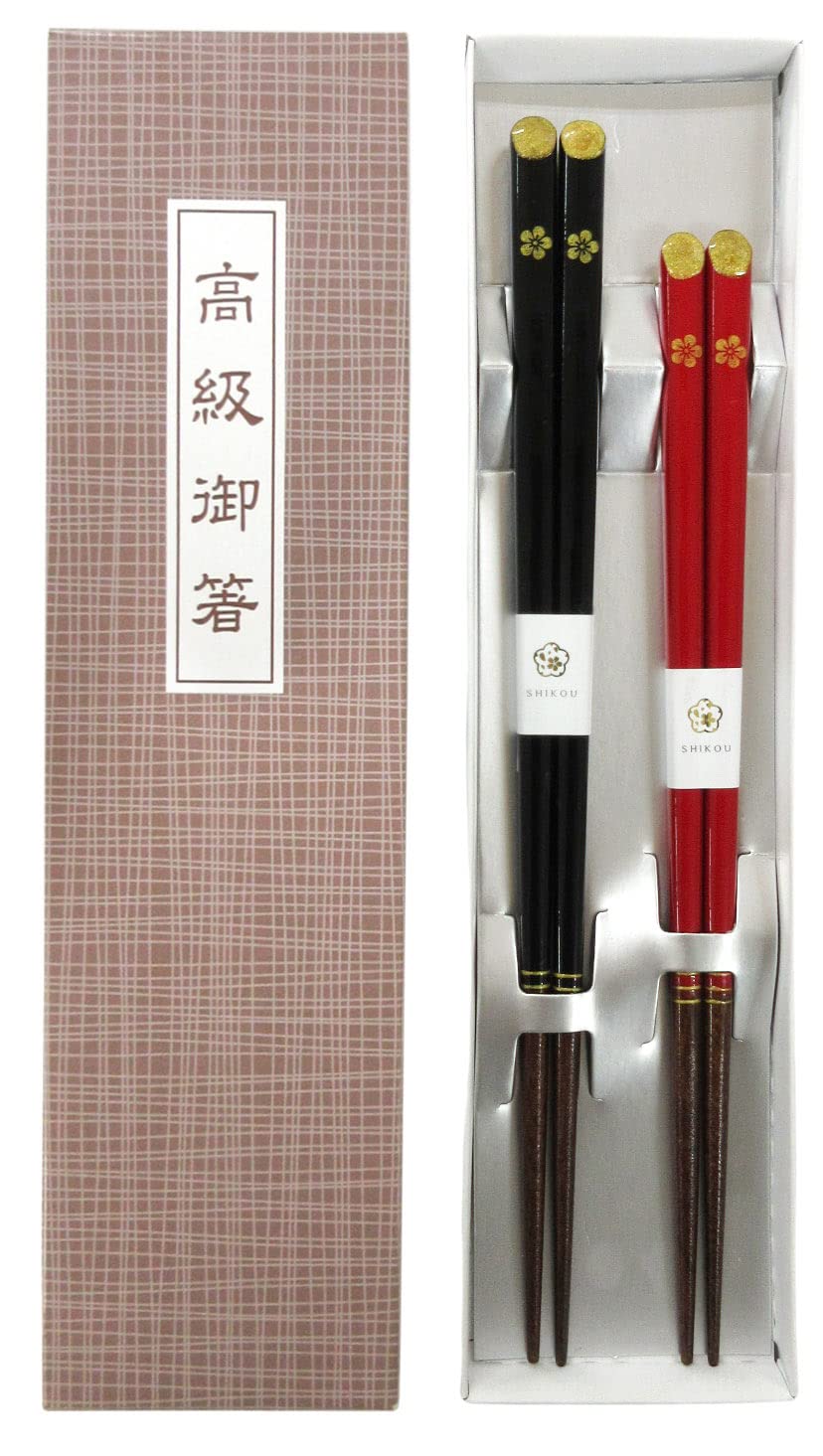 AOBA Japanese Wooden Chopsticks Reusable 2 Pairs in Gift Box Gold Sakura Black and Red Dishwasher-safe (Tenjin) [ Made in Japan /Handcrafted ]