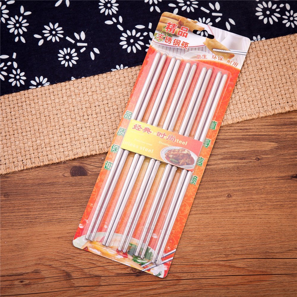 10 Pcs (5 Pairs) Tapered Silver Stainless Steel Chopsticks for Rice, Noodles, Sushi