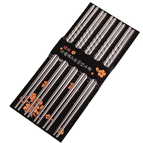 Korean Chopsticks, 5 Pairs Premium Reusable Metal Stainless Steel Chopsticks Cool Chopsticks Dishwasher Safe Easy to Use Metal Chop Stick Utensils by Hot6sl