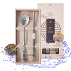 balwoo [made in korea] hologram turtle design korean table sticky rice spoon and chopsticks 304 stainless steel flat chopsticks matt surface mukbang cutlery (blue)