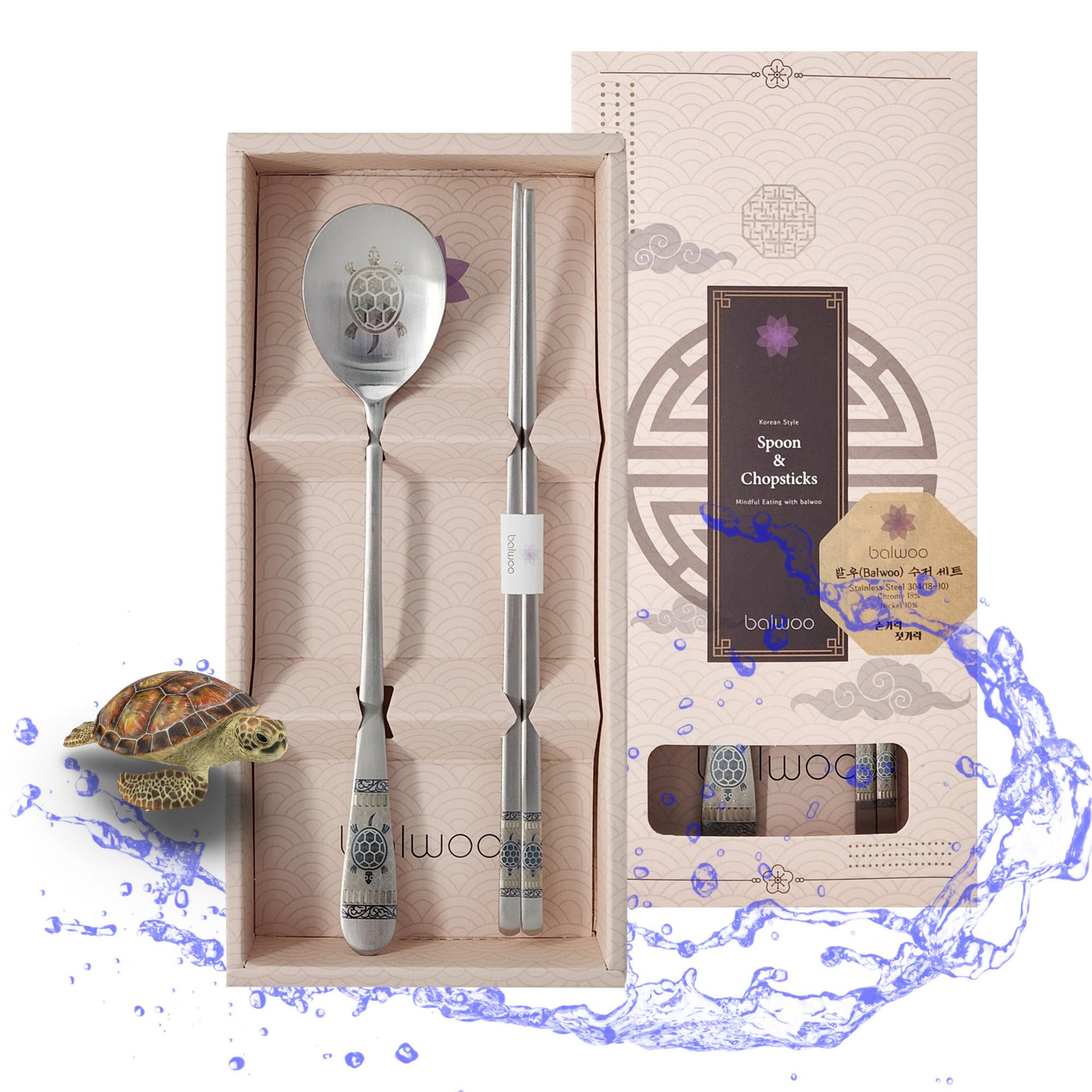 BALWOO [Made in Korea] Hologram Turtle Design Korean Table Sticky Rice Spoon and Chopsticks 304 Stainless Steel Flat Chopsticks Matt Surface Mukbang Cutlery (Blue)