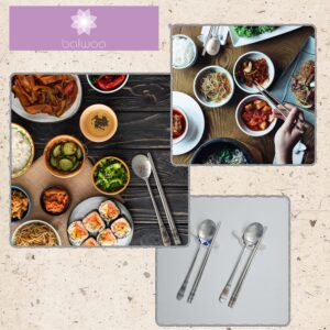 BALWOO [Made in Korea] Hologram Turtle Design Korean Table Sticky Rice Spoon and Chopsticks 304 Stainless Steel Flat Chopsticks Matt Surface Mukbang Cutlery (Blue)