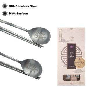 BALWOO [Made in Korea] Hologram Turtle Design Korean Table Sticky Rice Spoon and Chopsticks 304 Stainless Steel Flat Chopsticks Matt Surface Mukbang Cutlery (Blue)