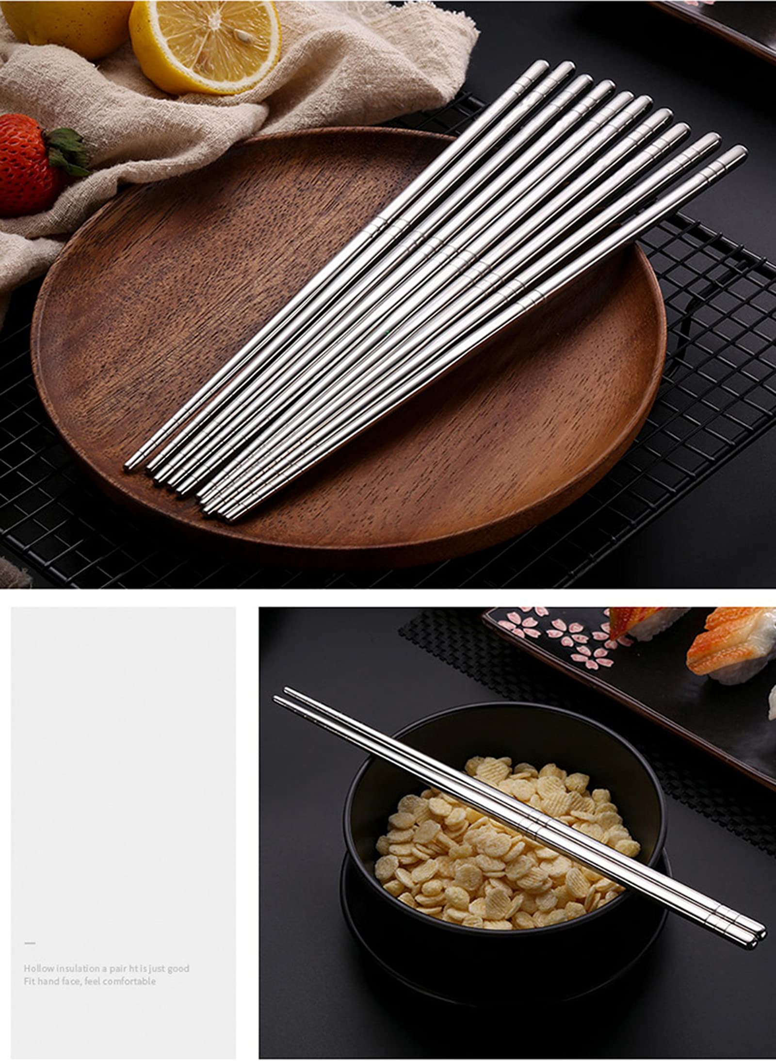 Taohang 5 Pairs Stainless Steel Reusable Chopsticks Dishwasher Safe Metal Chopsticks Lightweight Chop Sticks for Home and Restaurant (square)