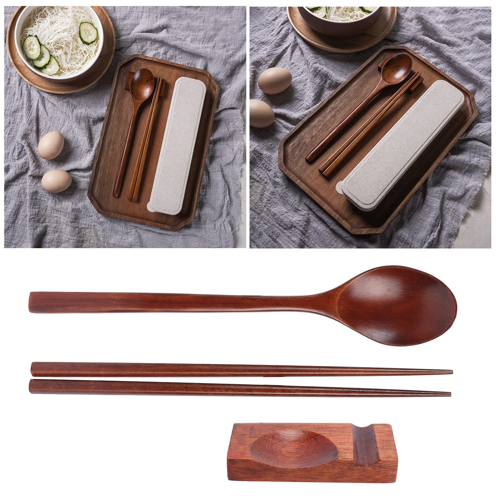 8Pcs Set Wooden Chopsticks Spoon, Wooden Spoon Chopsticks Reusable Tableware Cutlery Set with Storage Boxtravel Utensils for Office Camping Traveling