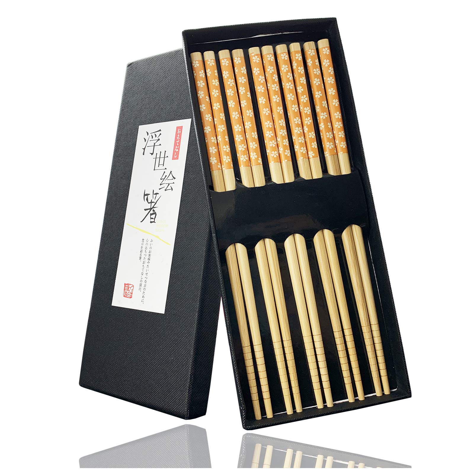 JASHII 5 Pairs Natural Bamboo Chopsticks Reusable Classic Japanese Style Wooden Chop Sticks Gift Sets Dishwasher Safe 8.8 Inch - orange Flower