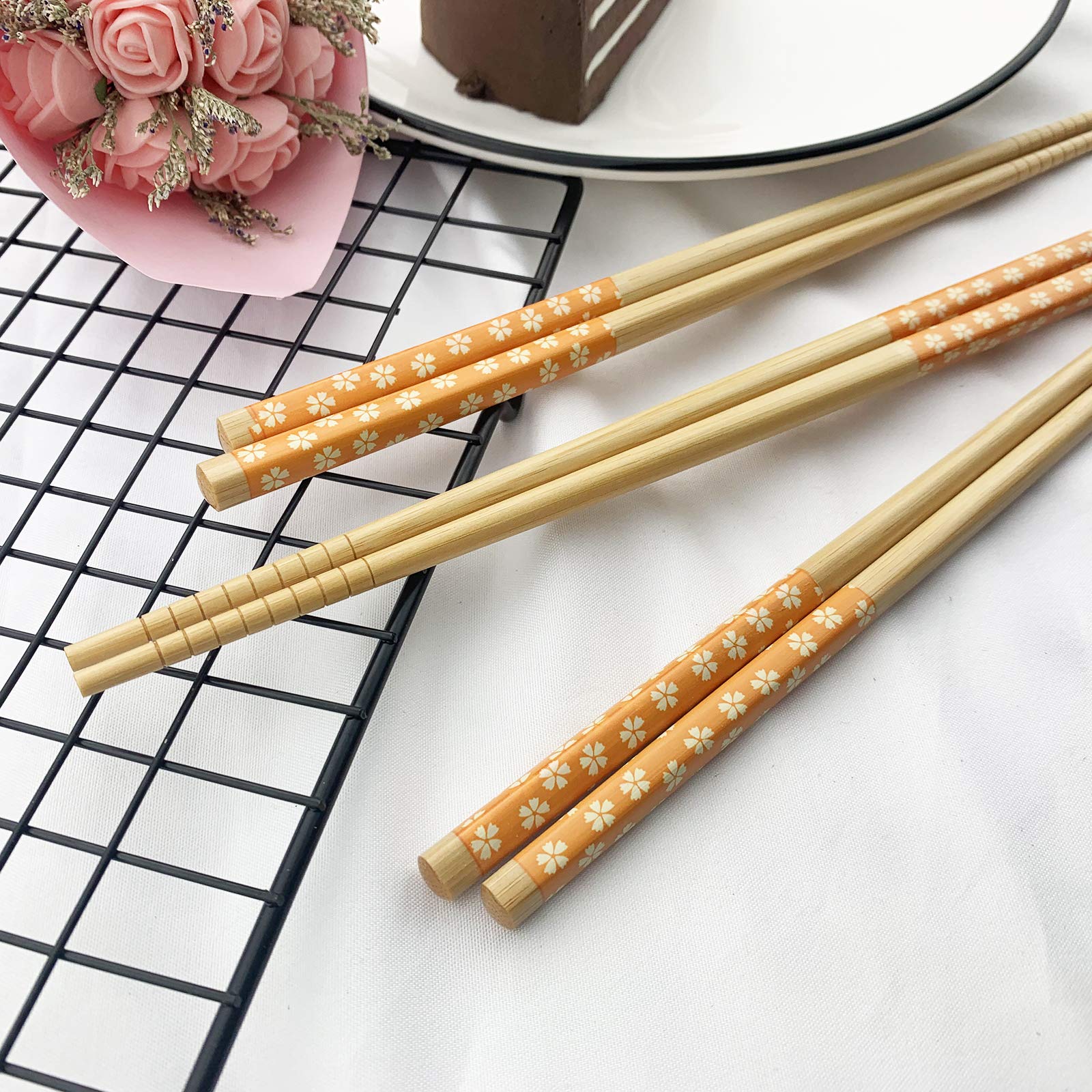 JASHII 5 Pairs Natural Bamboo Chopsticks Reusable Classic Japanese Style Wooden Chop Sticks Gift Sets Dishwasher Safe 8.8 Inch - orange Flower