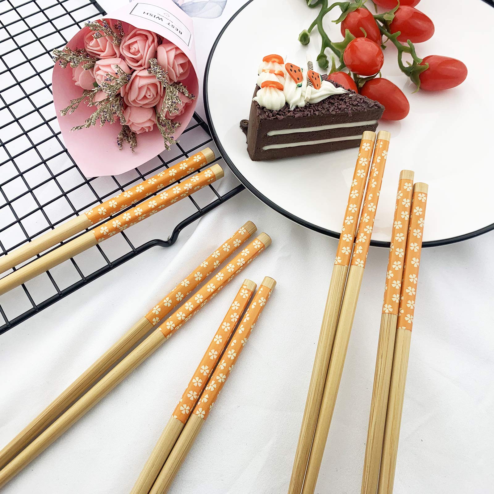 JASHII 5 Pairs Natural Bamboo Chopsticks Reusable Classic Japanese Style Wooden Chop Sticks Gift Sets Dishwasher Safe 8.8 Inch - orange Flower