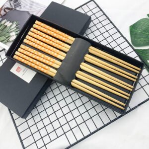 JASHII 5 Pairs Natural Bamboo Chopsticks Reusable Classic Japanese Style Wooden Chop Sticks Gift Sets Dishwasher Safe 8.8 Inch - orange Flower