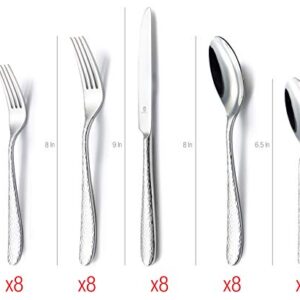 DANIALLI 40 Piece Silverware Set For 8, 18 10 Stainless Steel Silverware Set, Modern Fidenza Hammered Flatware Set, Knife/Fork/Spoon & Long Teaspoon/Salad Fork Mirror-Polished Dishwasher Safe Cutlery