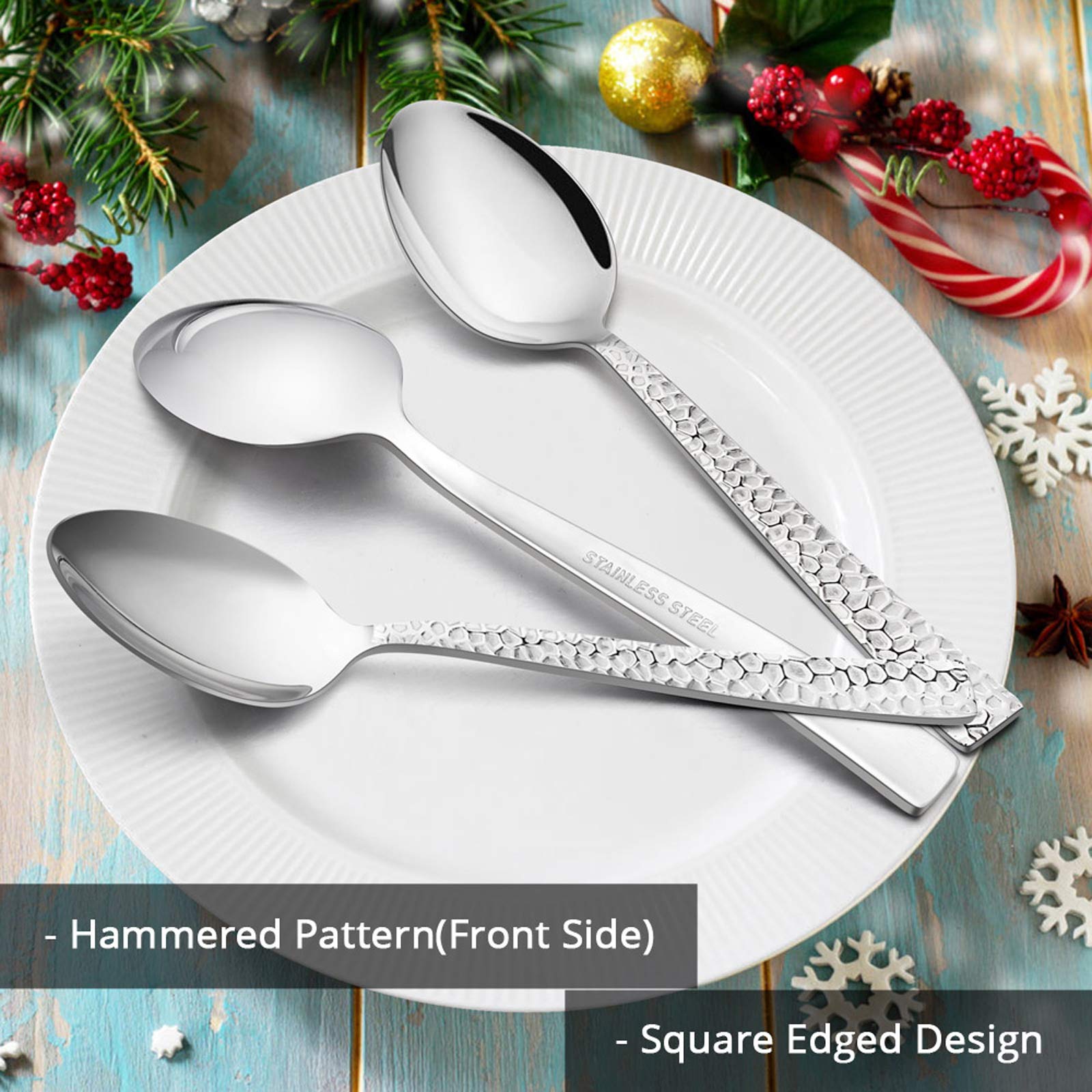 E-far Hammered Dinner Spoons Set of 12, E-far 7.9 Inch Stainless Steel Soup Spoons Tablespoons for Home, Kitchen or Restaurant, Non-toxic & Mirror Polished, Squared Edge & Dishwasher Safe