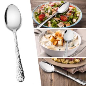 E-far 12-Piece Stainless Steel Hammered Dinner Spoons Set, Modern Silver Large Soup Spoons for Home, Kitchen, Restaurant, Round Edge & Mirror Polished, Dishwasher Safe - 7.9 Inches