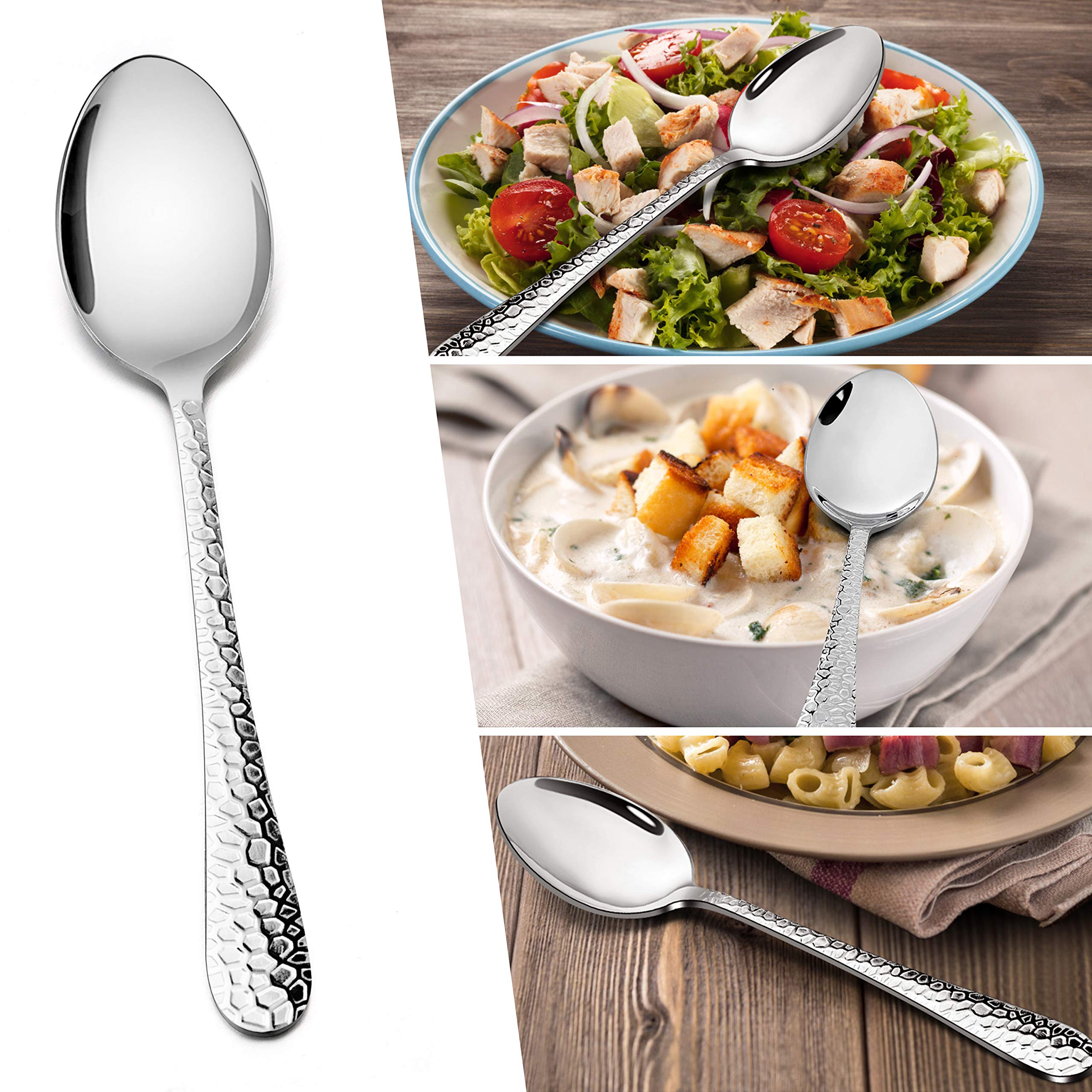 E-far 12-Piece Stainless Steel Hammered Dinner Spoons Set, Modern Silver Large Soup Spoons for Home, Kitchen, Restaurant, Round Edge & Mirror Polished, Dishwasher Safe - 7.9 Inches