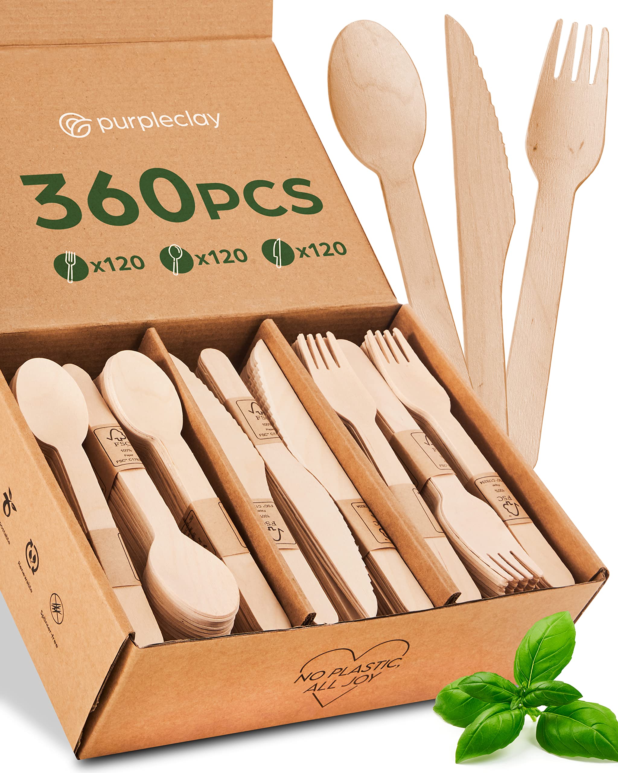 Wooden Compostable Utensils Set - 360 Pieces (120 Forks 120 Spoons 120 Knives) Sturdy Wood Disposable Cutlery - Eco-Friendly Biodegradable Utensils for Party - Free From Plastic Cutlery Set for Eating