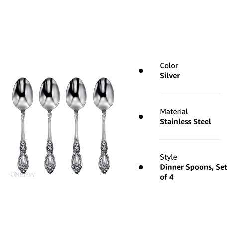 Oneida Wordsworth Everyday Flatware Dinner Spoons 18/0 Stainless Steel, Set of 4, Silver