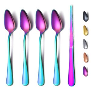 rainbow grapefruit spoons 5 pieces set, 4 stainless steel grapefruit spoon and 1 grapefruit knife with titanium plating, grapefruit utensil set, serrated edges spoon pack of 5 (rainbow)