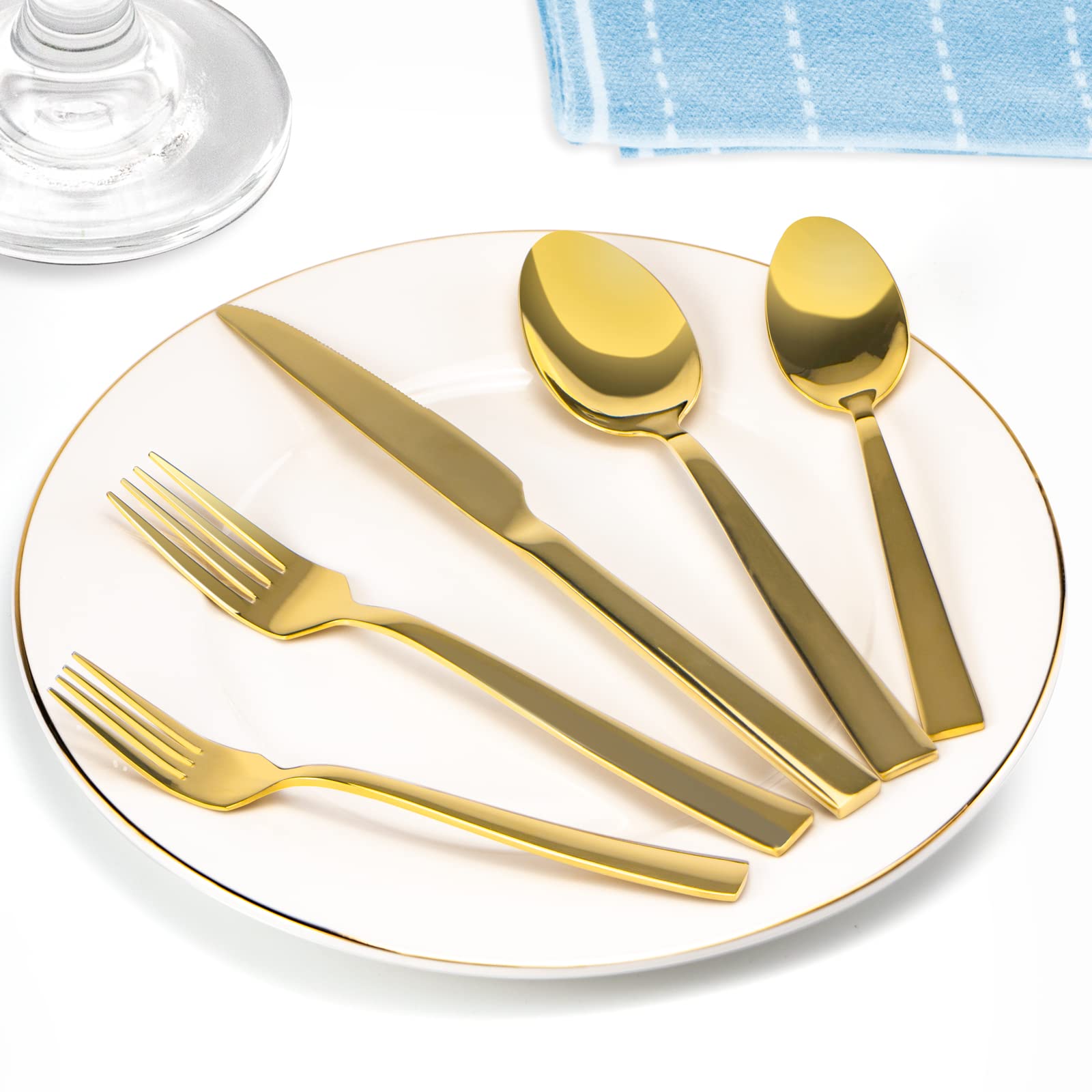 Gold Silverware Set, Briout 40 Piece Stainless Steel Flatware Cutlery Set Service for 8 Luxury Square Tableware Thick Knife Fork Spoon for Home Kitchen Restaurant Wedding, Mirror Polished