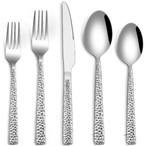 hammered silverware set, haware 60-piece stainless steel flatware set for 12, modern eating utensils tableware cutlery set for kitchen hotel restaurant party, mirror polished - dishwasher safe