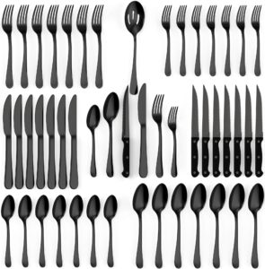 tribal cooking 49 piece silverware set - service for 8 - stainless steel flatware serving set - cutlery set - knives, fork, and spoon - dishwasher safe - stunning polished finish - black