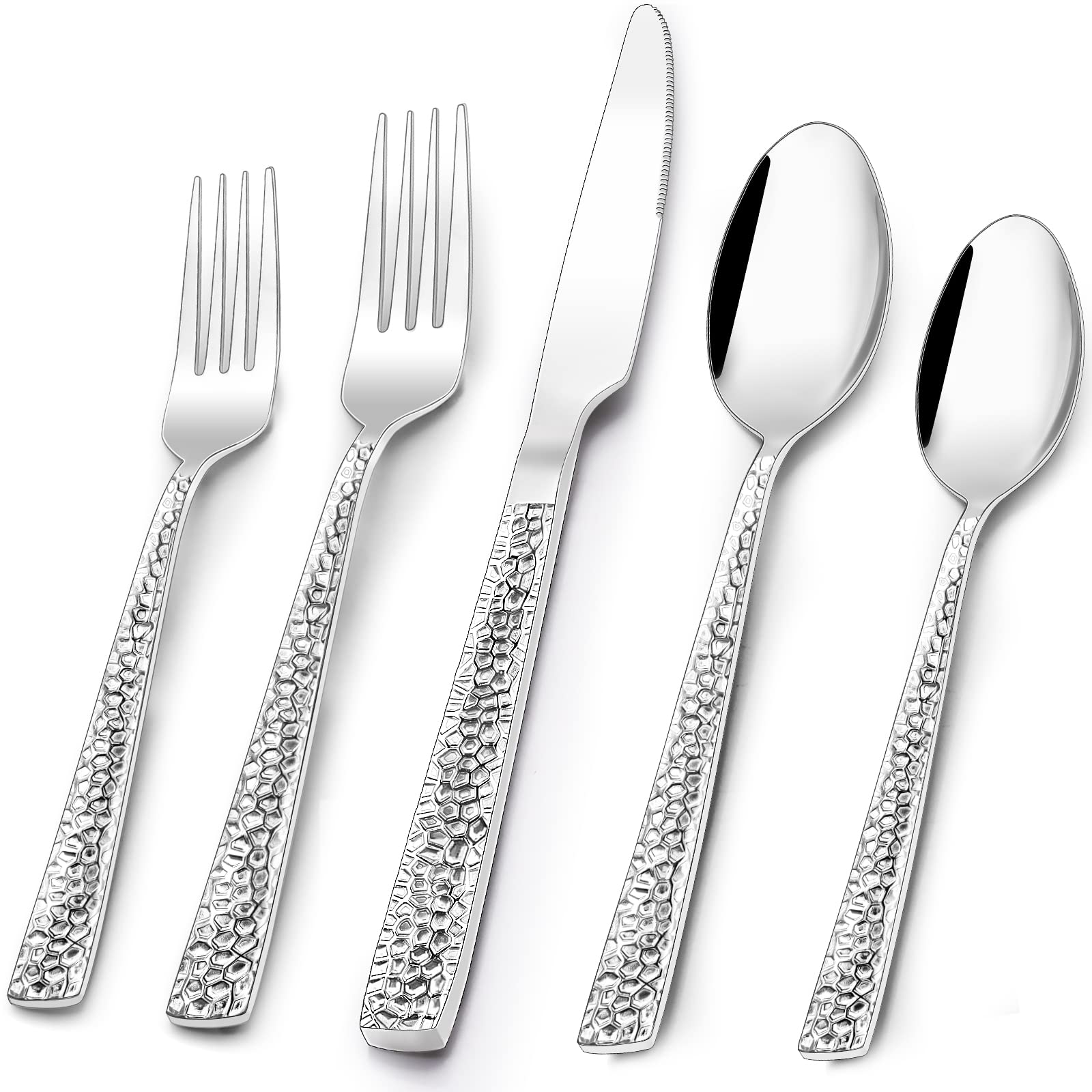 Paincco 60-Piece Hammered Silverware Set for 12, Stainless Steel Square Flatware Cutlery Set, Eating Utensils Sets Include Knife Fork Spoon, Modern Design & Mirror Polished - Dishwasher Safe