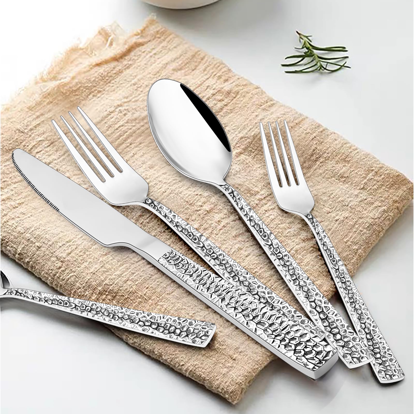 Paincco 60-Piece Hammered Silverware Set for 12, Stainless Steel Square Flatware Cutlery Set, Eating Utensils Sets Include Knife Fork Spoon, Modern Design & Mirror Polished - Dishwasher Safe