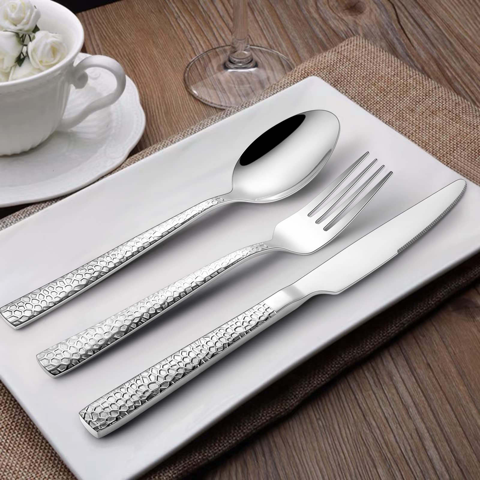 Paincco 60-Piece Hammered Silverware Set for 12, Stainless Steel Square Flatware Cutlery Set, Eating Utensils Sets Include Knife Fork Spoon, Modern Design & Mirror Polished - Dishwasher Safe