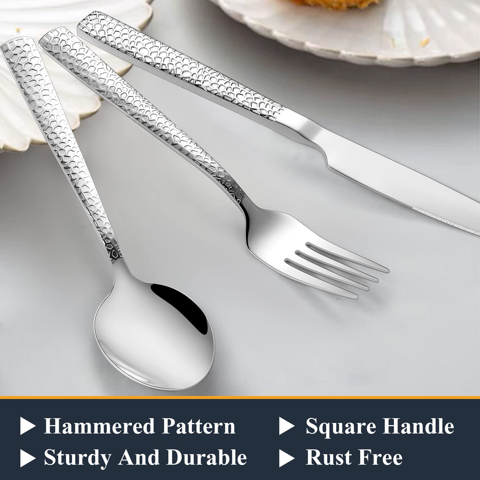 Paincco 60-Piece Hammered Silverware Set for 12, Stainless Steel Square Flatware Cutlery Set, Eating Utensils Sets Include Knife Fork Spoon, Modern Design & Mirror Polished - Dishwasher Safe