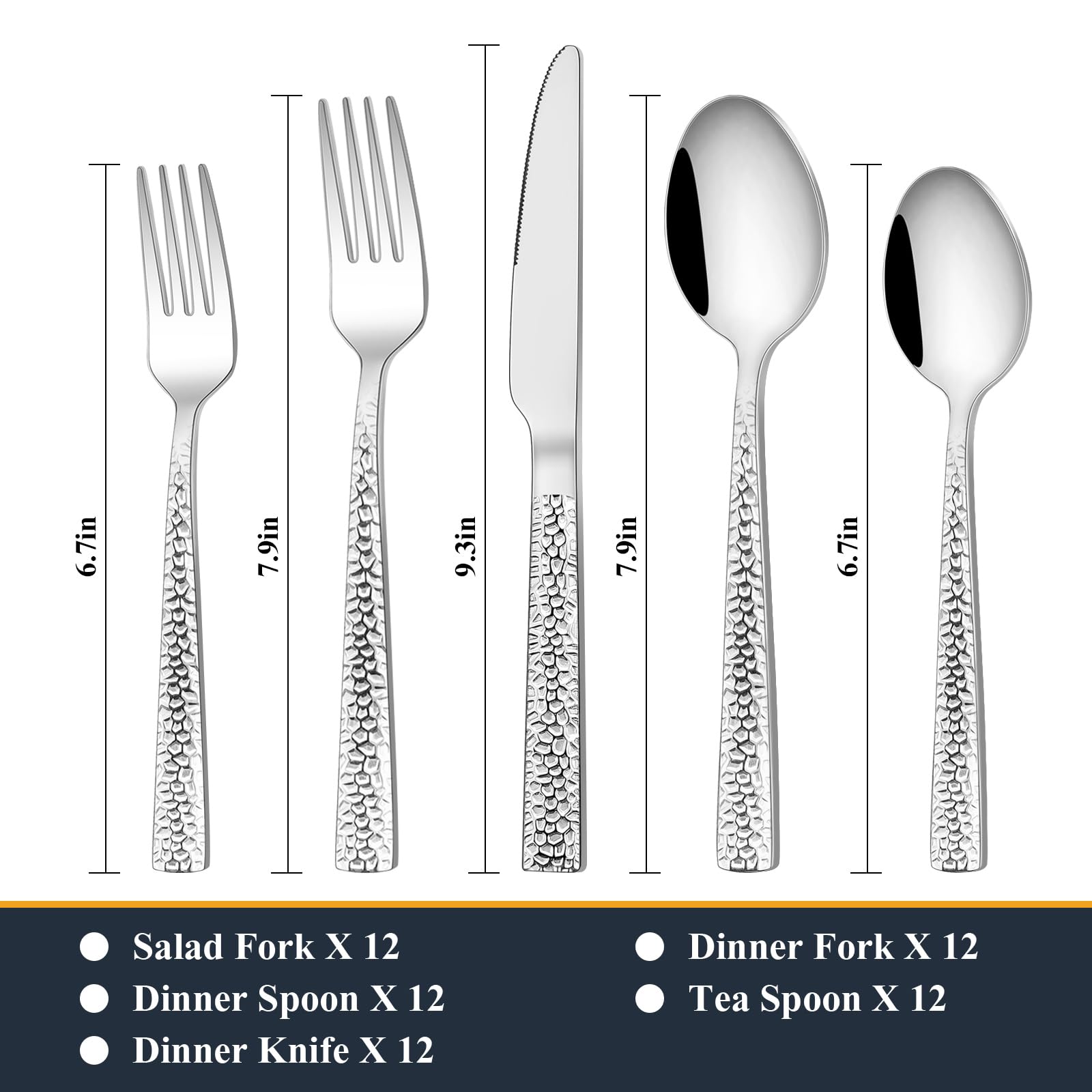 Paincco 60-Piece Hammered Silverware Set for 12, Stainless Steel Square Flatware Cutlery Set, Eating Utensils Sets Include Knife Fork Spoon, Modern Design & Mirror Polished - Dishwasher Safe