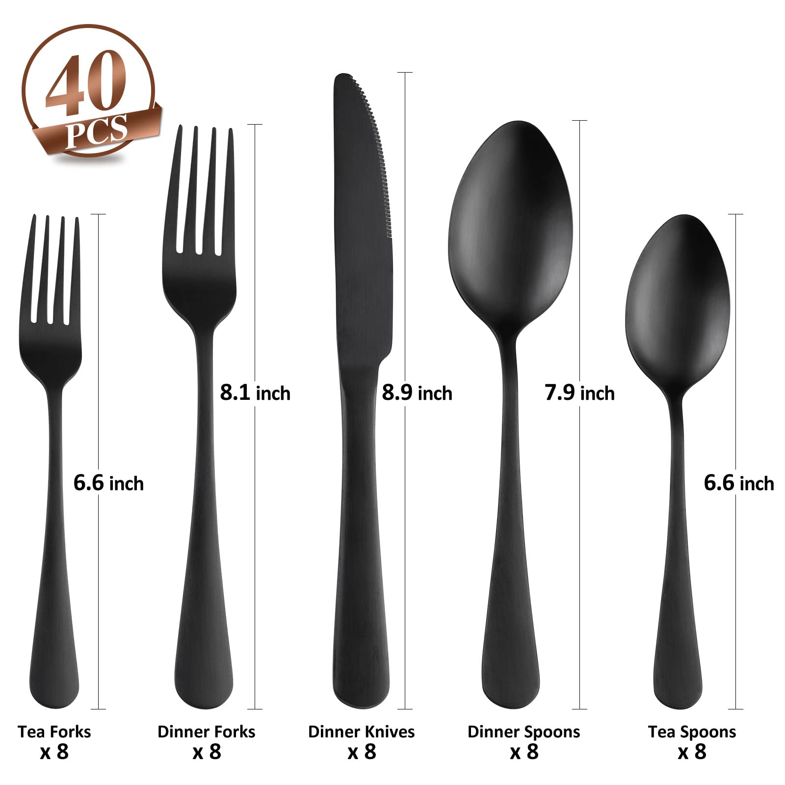 Matte Silverware Set for 8,SANLUNS 40-Piece Satin Finish Black Flatware Set,Stainless Steel Eating Dish Cutlery For 8,Fine Dinner Knifes Forks Spoons,Utensils Tableware for Kitchens Dishwasher Safe