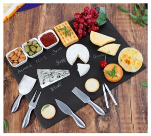 large slate cheese board and knife set, 7 piece w/ free 3 ceramic bowls, cheese platter slate board, cheese serving board, 4 stainless steel knives, 2 soap stone chalks, 16" x 12" (7 piece + 3)