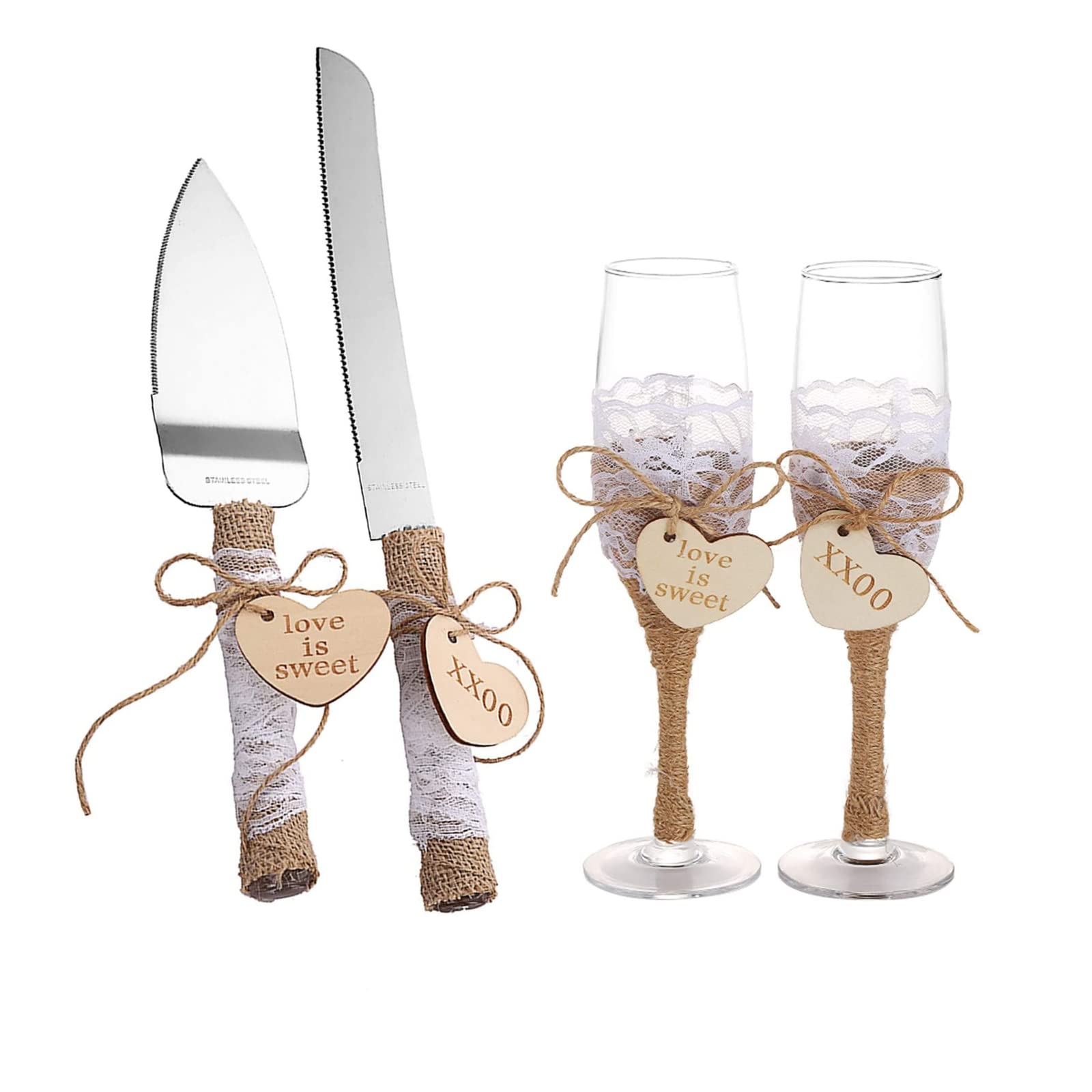 TANG SONG Cake Knife and Server with Champagne Glasses Set Resin Plastic Handle with Twine Heart Love Wood Tag and Burlap Lace Design