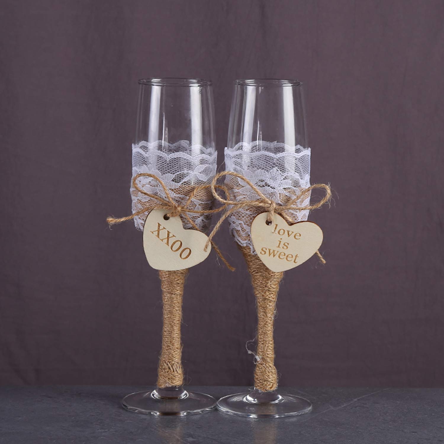 TANG SONG Cake Knife and Server with Champagne Glasses Set Resin Plastic Handle with Twine Heart Love Wood Tag and Burlap Lace Design