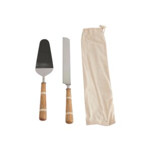 Creative Co-Op Stainless Steel Cake Knife & Server with Wood & Horn Inlay Handle and Bag (2 Pieces)