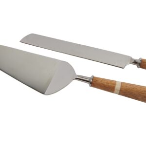 Creative Co-Op Stainless Steel Cake Knife & Server with Wood & Horn Inlay Handle and Bag (2 Pieces)