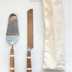 Creative Co-Op Stainless Steel Cake Knife & Server with Wood & Horn Inlay Handle and Bag (2 Pieces)