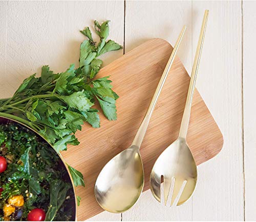 Folkulture Serving Utensils for Modern Serving and Cooking, Stainless Steel Kitchen Salad Servers or Salad Tongs, 12-Inch Serving Spoon and Fork Set for Salad, Gravies or Pasta, Gold/Brass Finish