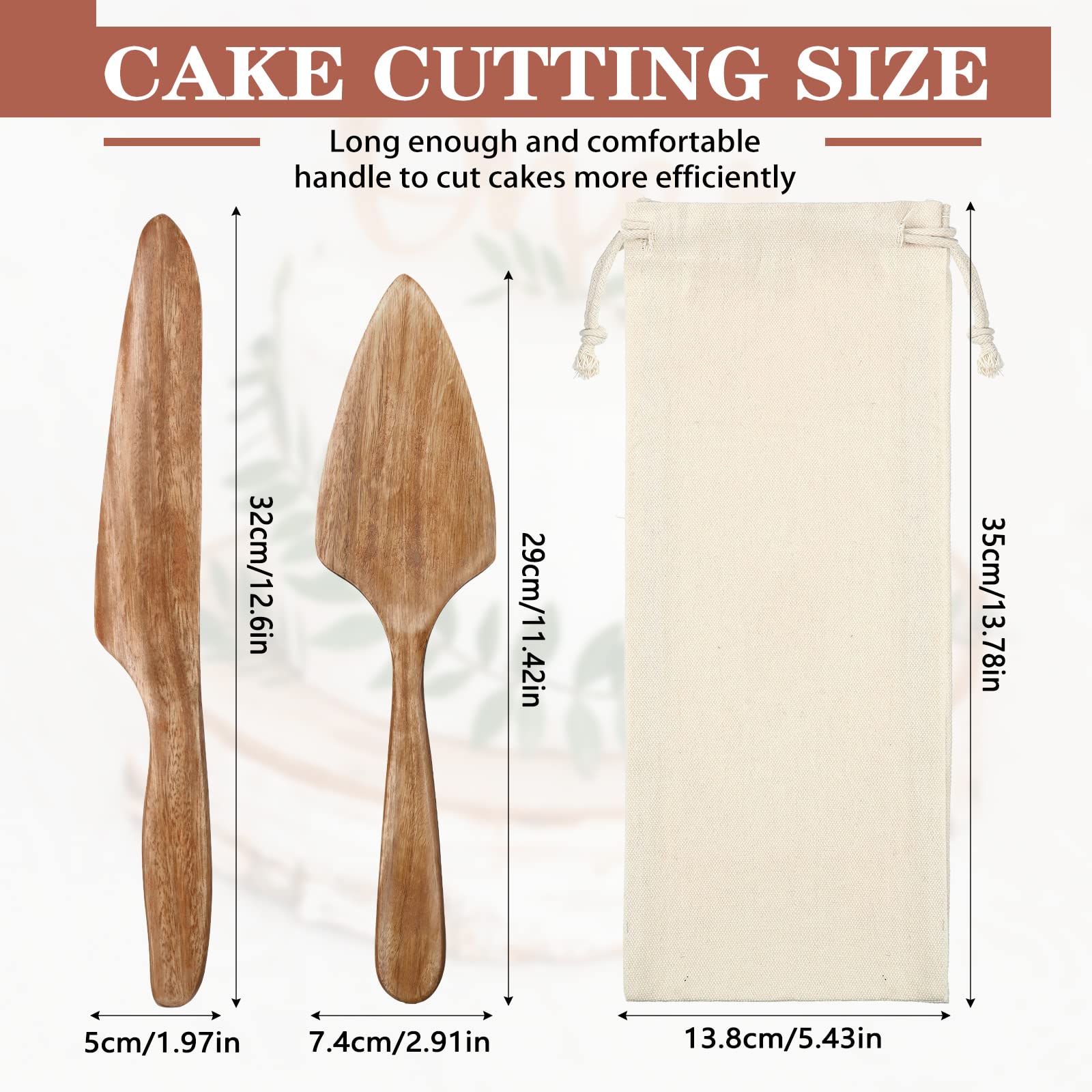 Norme Rustic Wedding Cake Cutting Set, Wooden Cake Knife and Server Set, Wood Cake Cutter and Pie Server Spatula with Drawstring Bag for Baby Shower Bridal Anniversary Birthday Gift