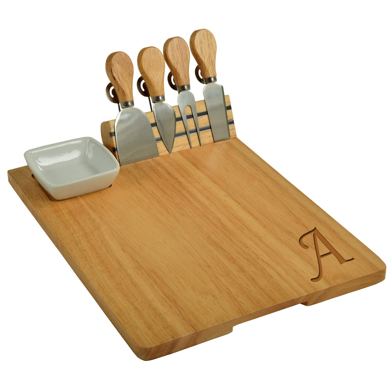 Personalized Monogrammed Laser Engraved Hardwood Board for Cheese & Appetizers - Includes 4 Cheese Knives, Cheese Markers & Ceramic Dish - Designed by Picnic at Ascot in California