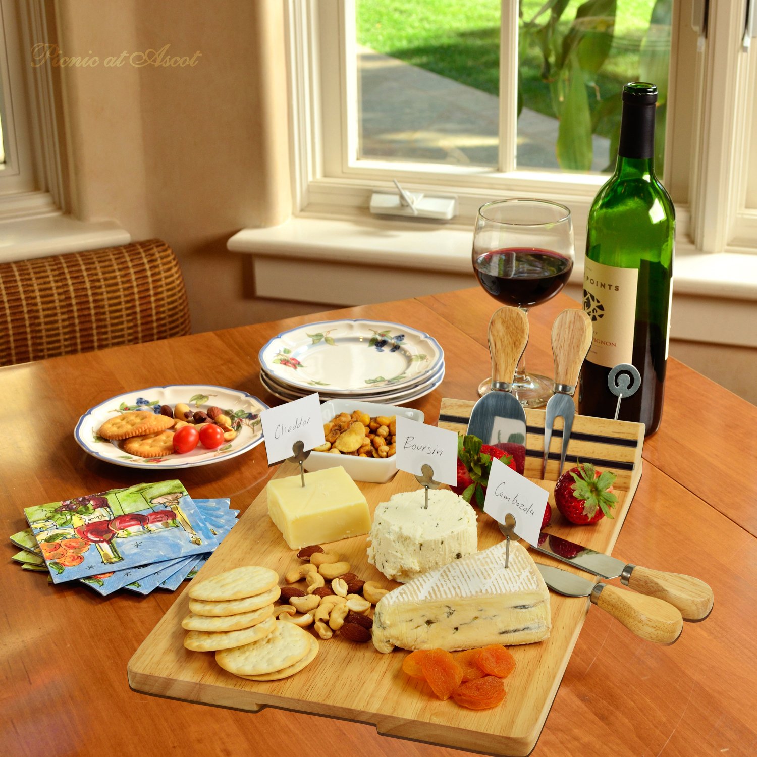 Personalized Monogrammed Laser Engraved Hardwood Board for Cheese & Appetizers - Includes 4 Cheese Knives, Cheese Markers & Ceramic Dish - Designed by Picnic at Ascot in California