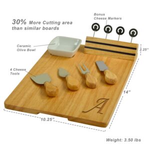 Personalized Monogrammed Laser Engraved Hardwood Board for Cheese & Appetizers - Includes 4 Cheese Knives, Cheese Markers & Ceramic Dish - Designed by Picnic at Ascot in California