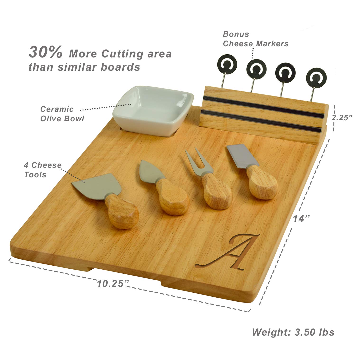 Personalized Monogrammed Laser Engraved Hardwood Board for Cheese & Appetizers - Includes 4 Cheese Knives, Cheese Markers & Ceramic Dish - Designed by Picnic at Ascot in California