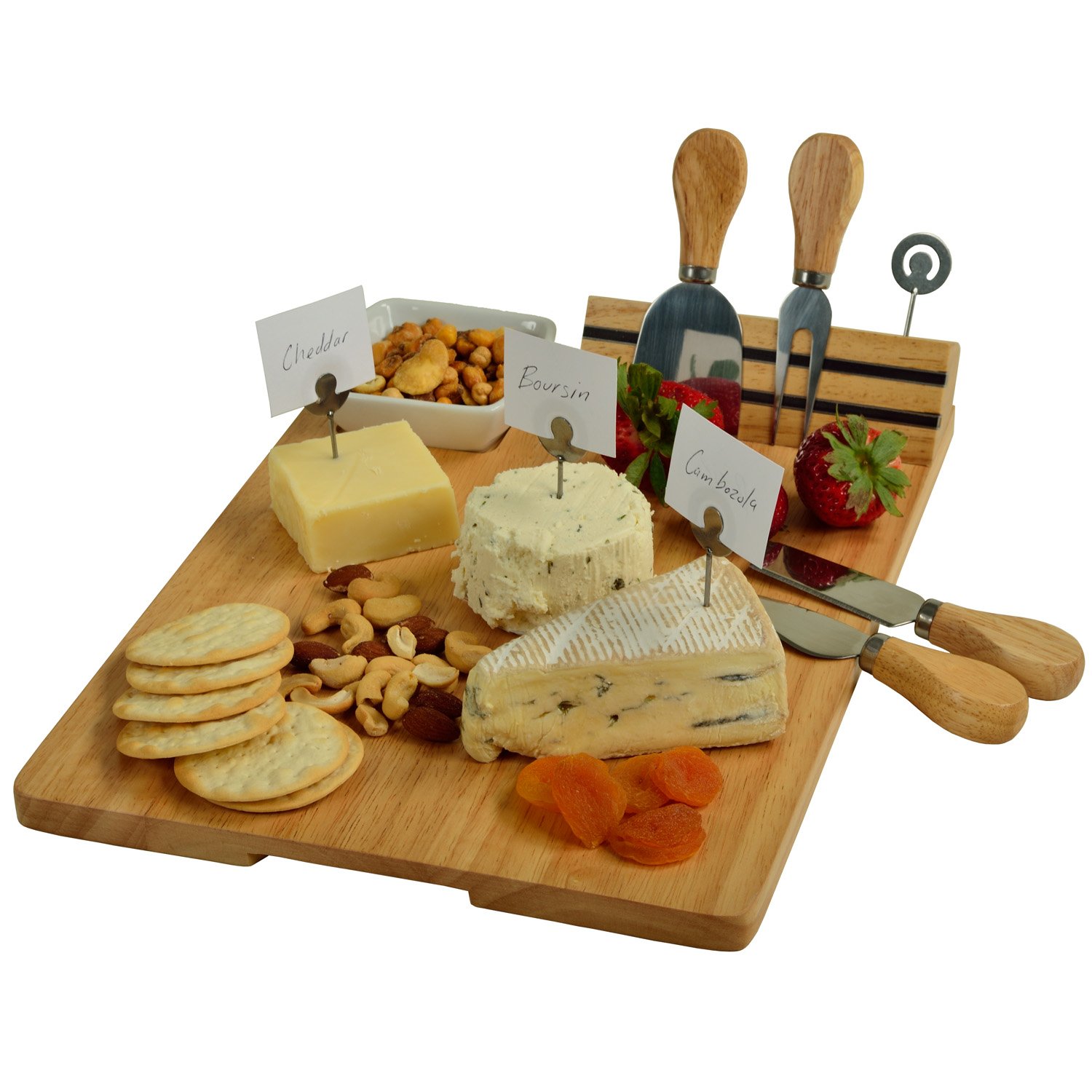 Personalized Monogrammed Laser Engraved Hardwood Board for Cheese & Appetizers - Includes 4 Cheese Knives, Cheese Markers & Ceramic Dish - Designed by Picnic at Ascot in California