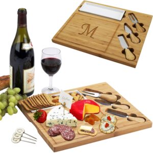 picnic at ascot personalized monogrammed engraved bamboo cutting board for cheese & charcuterie platter- includes knives, ceramic dish, & cheese markers - designed and quality checked in usa