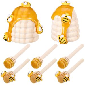 shellwei 8 pcs honey bee decor bee hive wooden honey stirrer with fake mini bees bee tiered tray decorations honeycomb decor for table farmhouse kitchen spring summer theme party decoration